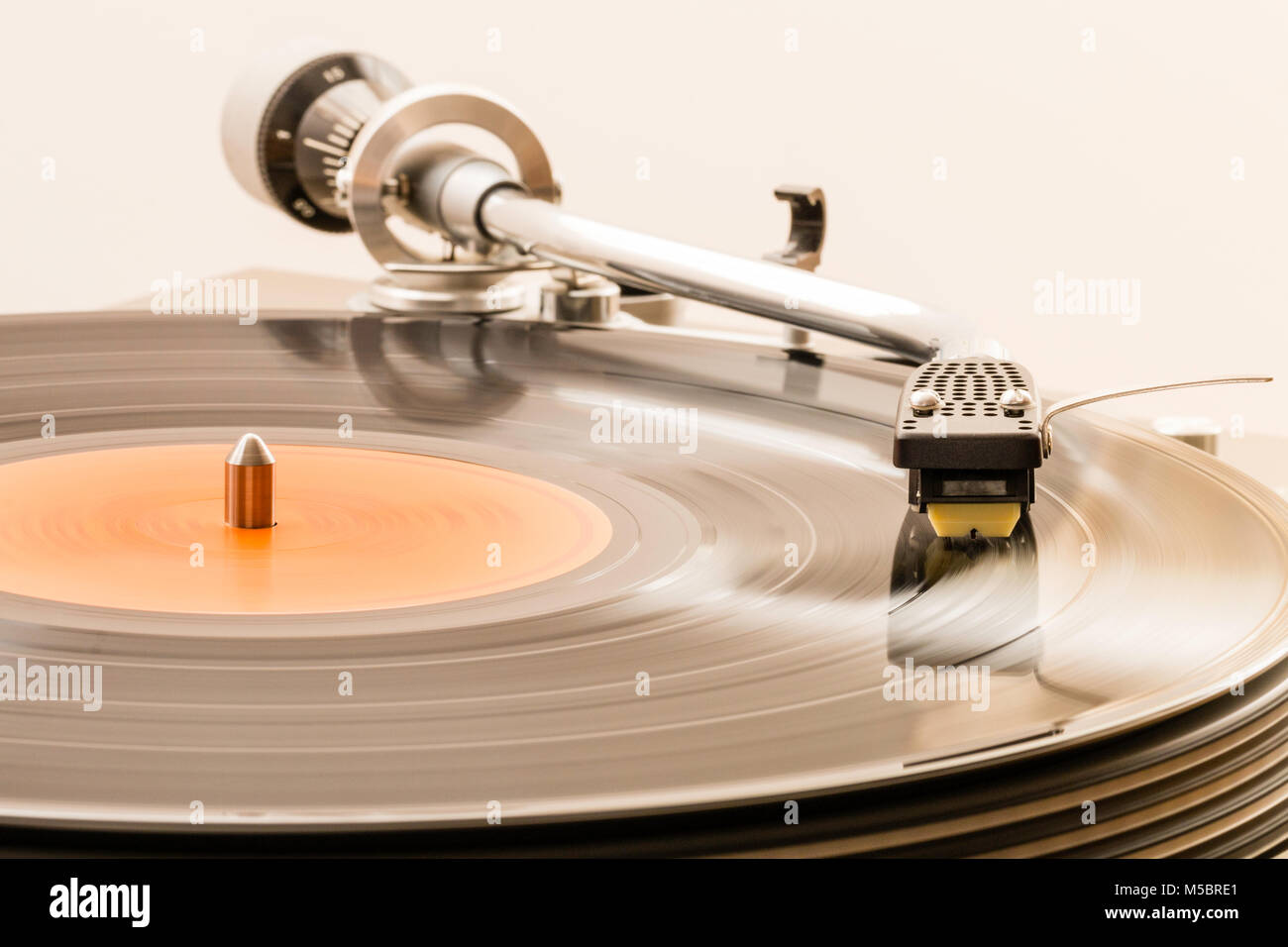 Record player deck, turntable, with 33 rpm, LP, record being played ...