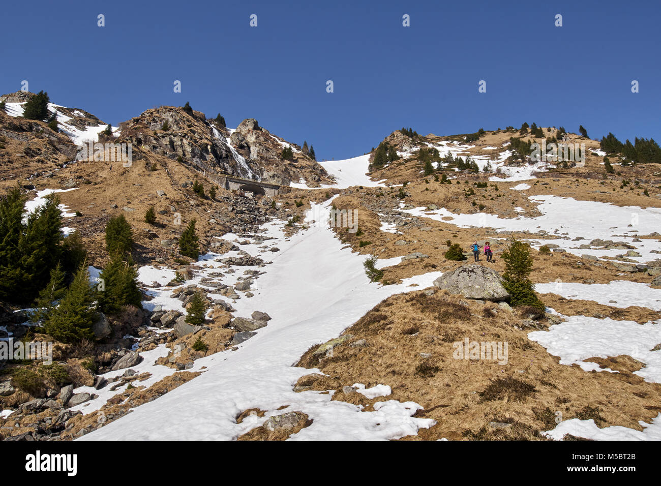 Family hiking into the rocky mountains at springtime Stock Photo - Alamy