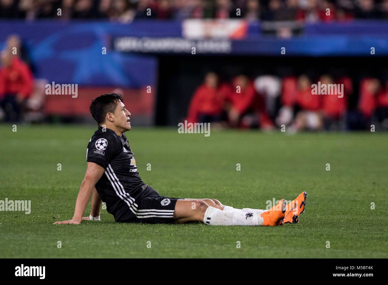 SEVILLE, SPAIN - FEBRUARY 21: ALEXIS SANCHEZ of Manchester Utd lying on ...