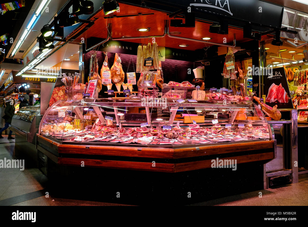Public market environment with fruit, vegetables, finger food, beef and ...