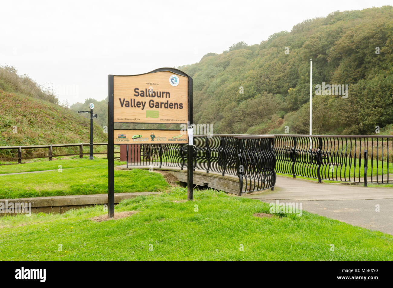 Signpost marking the entrance to 'Saltburn Valley Gardens' at Saltburn ...
