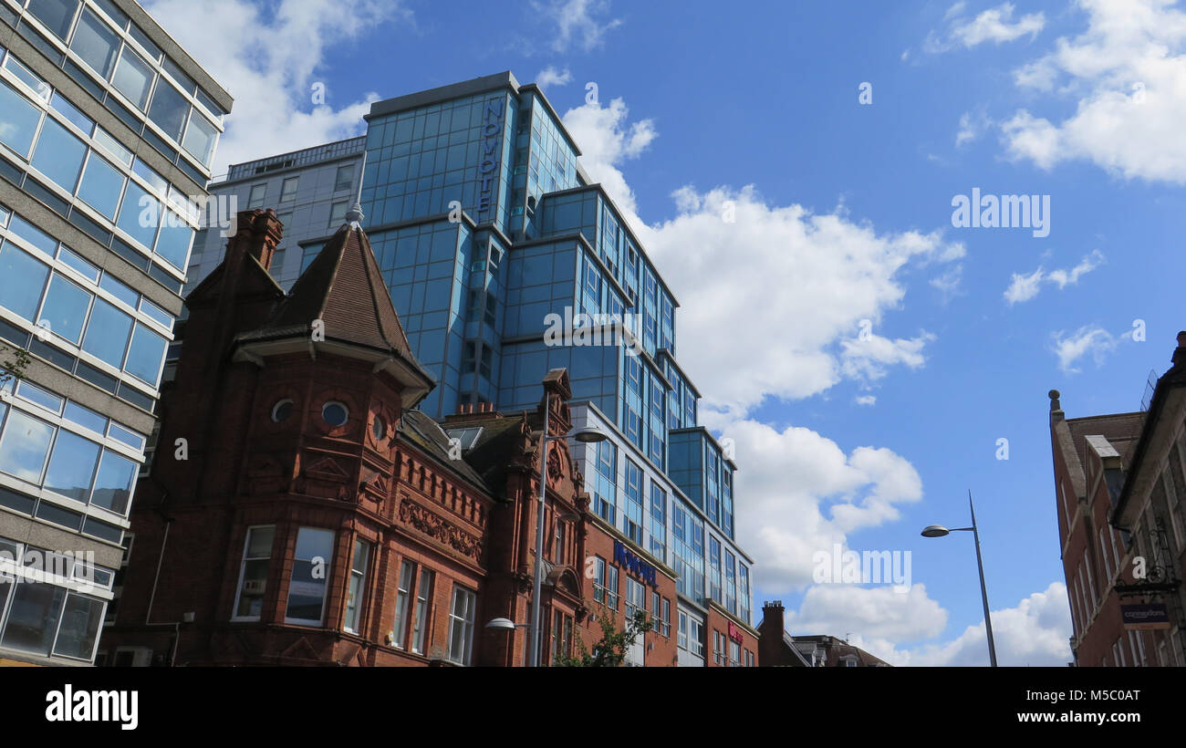 Reading, England - August 4, 2017: Blue Modern hotel in old market town ...