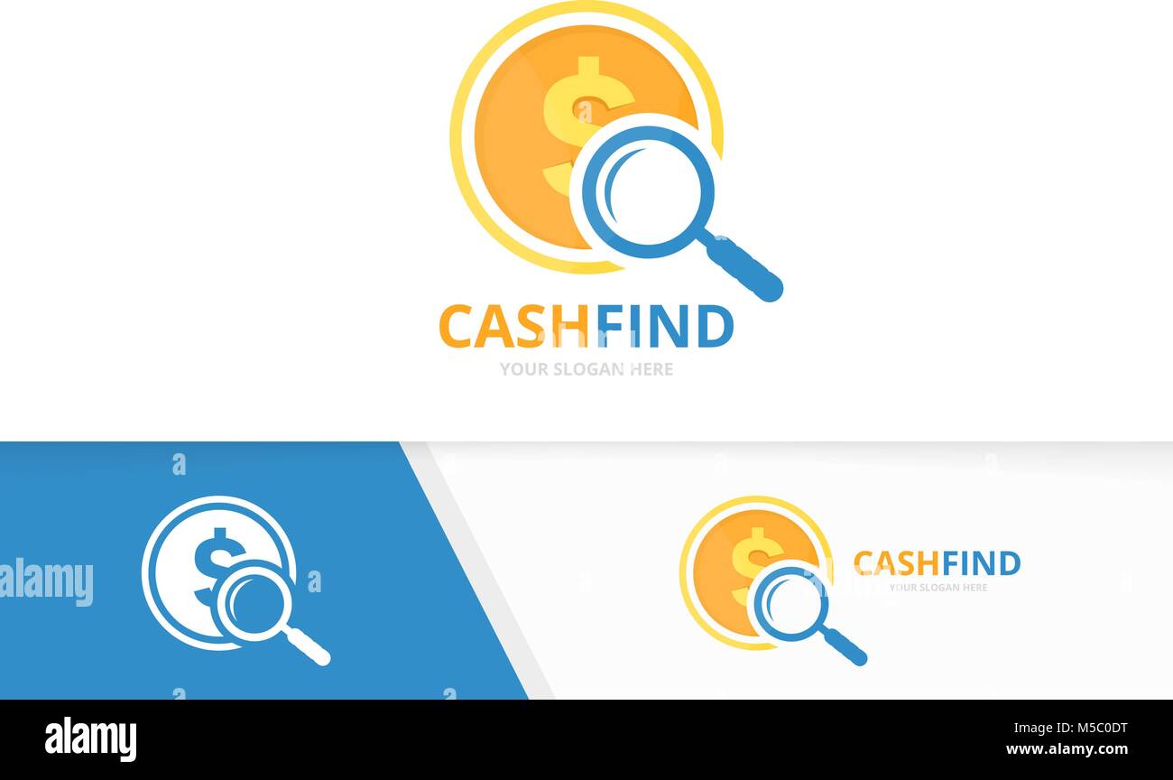Vector coin and loupe logo combination. Money and magnifying symbol or ...