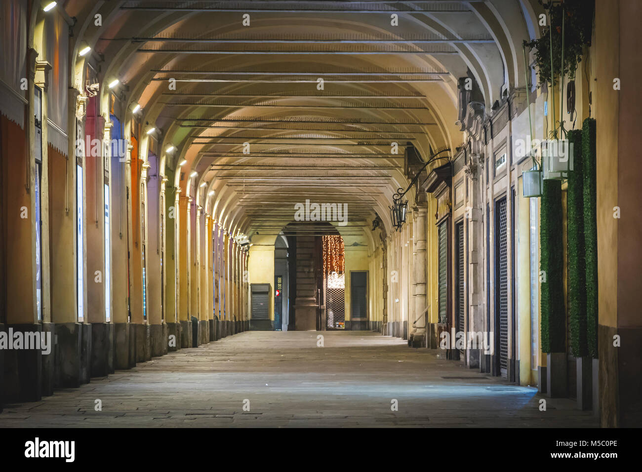Typical italian portico with columns and arched roof in Turin, Italy ...