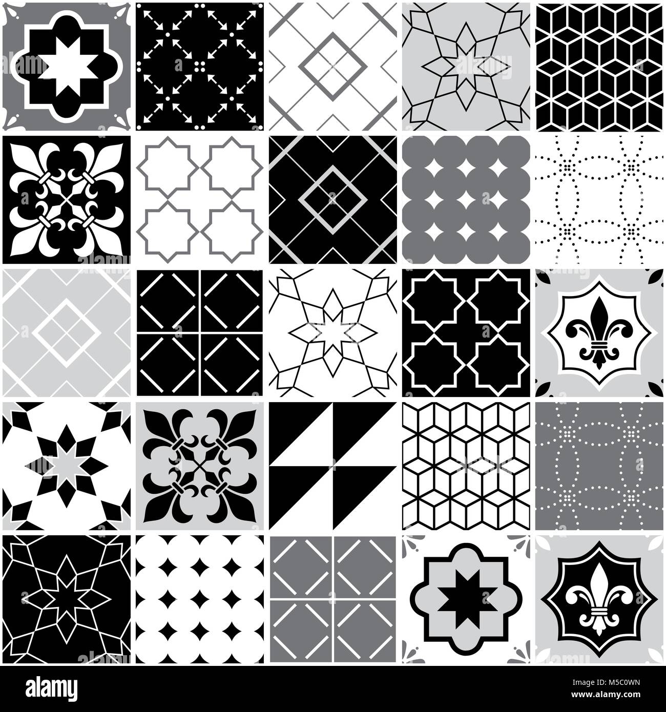 Portuguese tiles Azulejos, seamless vector tile pattern, geometric and floral design - black ...