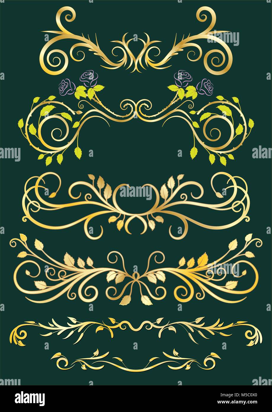 Gold classical antique floral borders on green background. To be used ...
