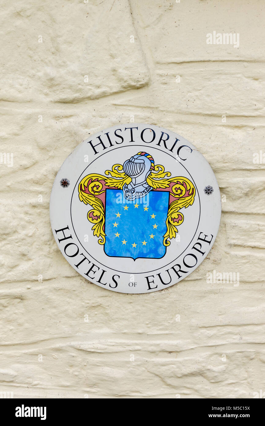 Historic Hotels of Europe sign on a rustic hotel wall. The organisation ...