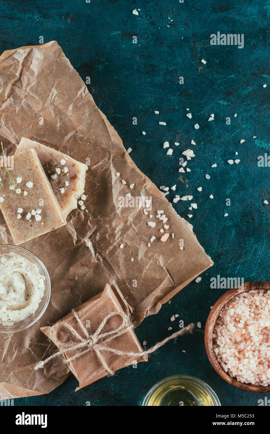 top view of natural handcraft soap, himalayan salt and salt scrub for ...