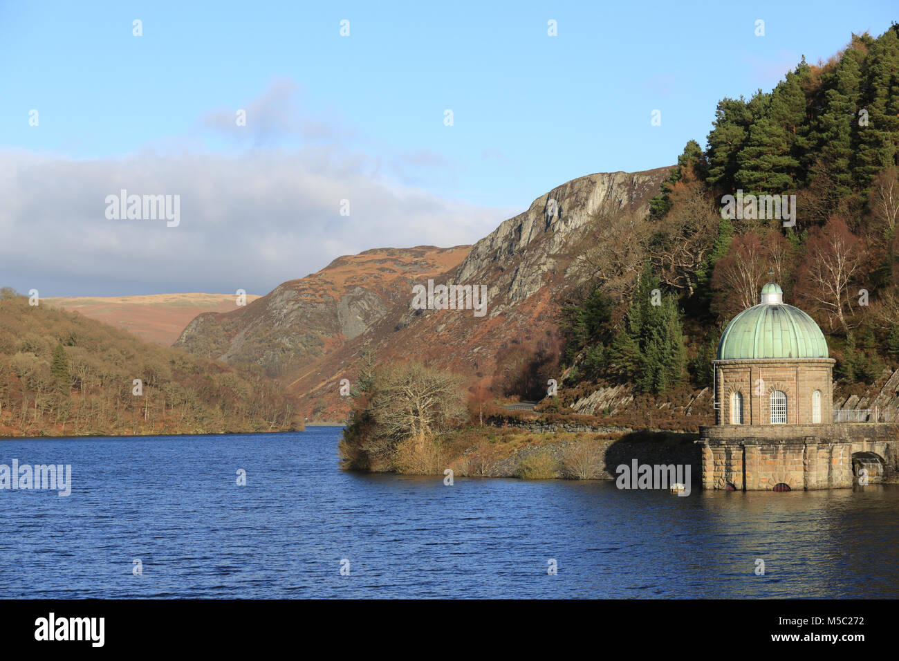 Foel tower on the Caban-coch reservoir in the Elan Valley, Powys, Wales ...