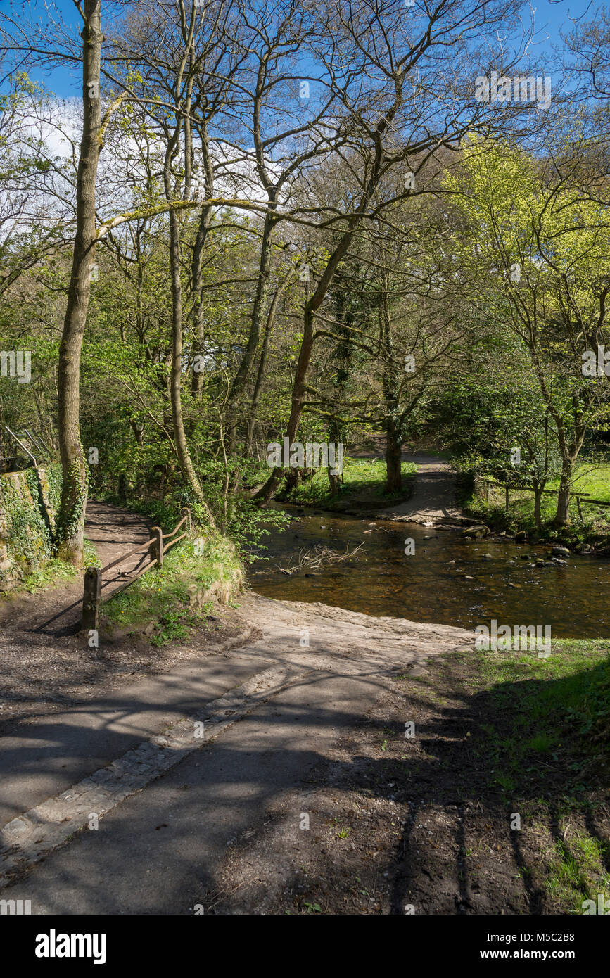 Ford and footbridge over the river Goyt at Taxal near Whaley Bridge ...