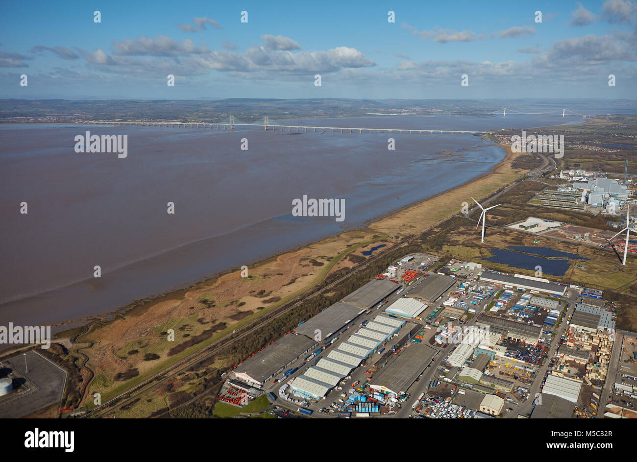 An aerial view of the Severn Estuary and bridges taken from Avonmouth ...
