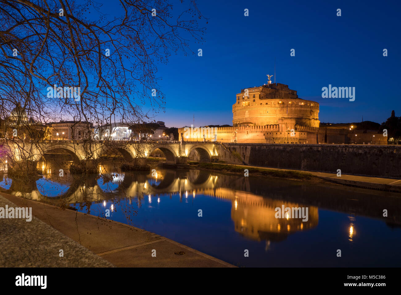 Rome Sant' Angelo Castle and Saint Angelo Bridge by night Stock Photo ...