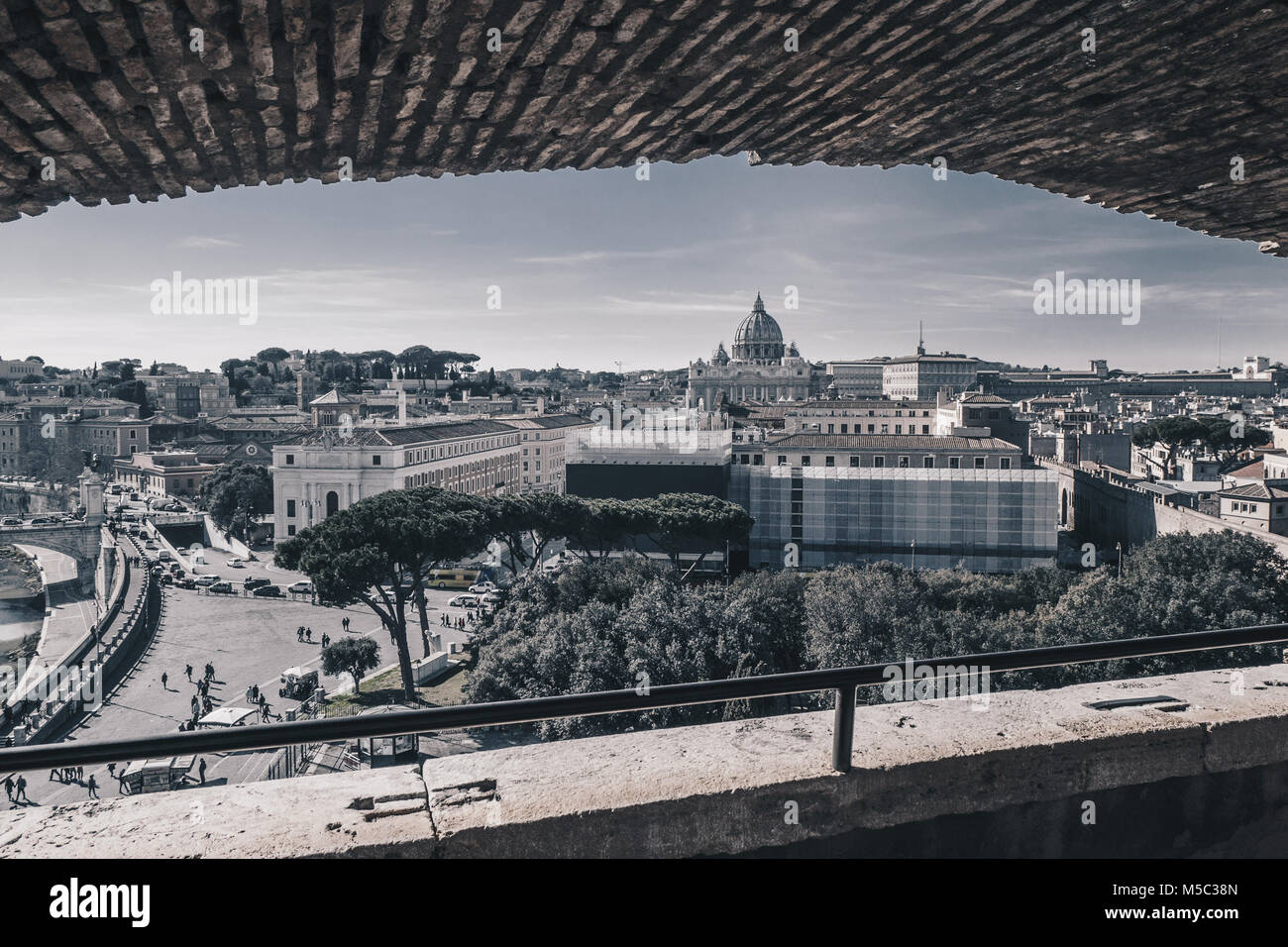 Rome skyline view from the Castel Sant`Angelo, Italy, black and white ...