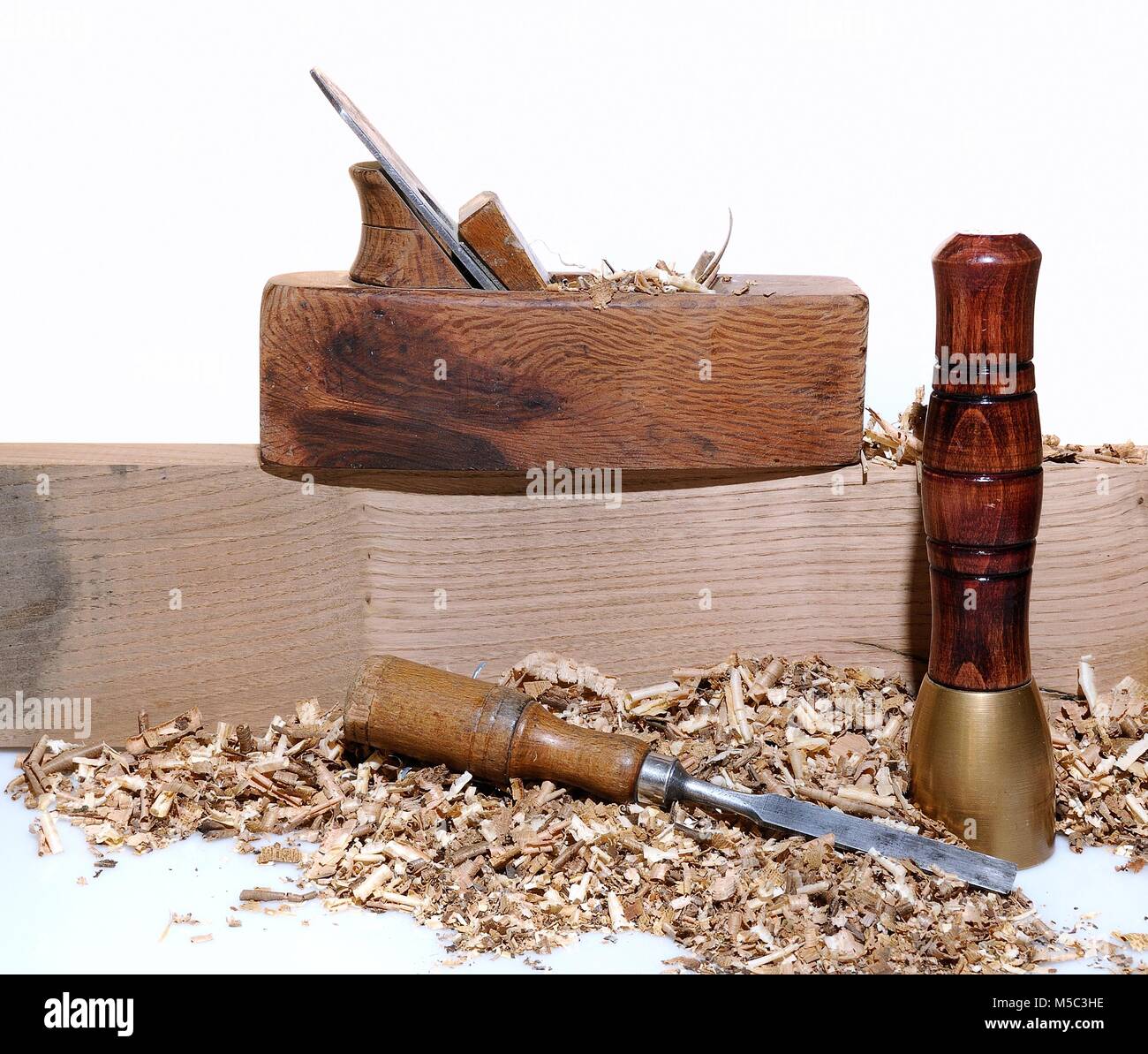 Chisel and different woodwork tools with wooden chips in close-up Stock ...