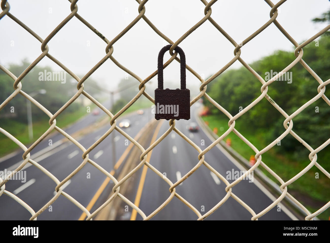 love lock at pedestrian bridge over the Prospect Expressway in Brooklyn ...