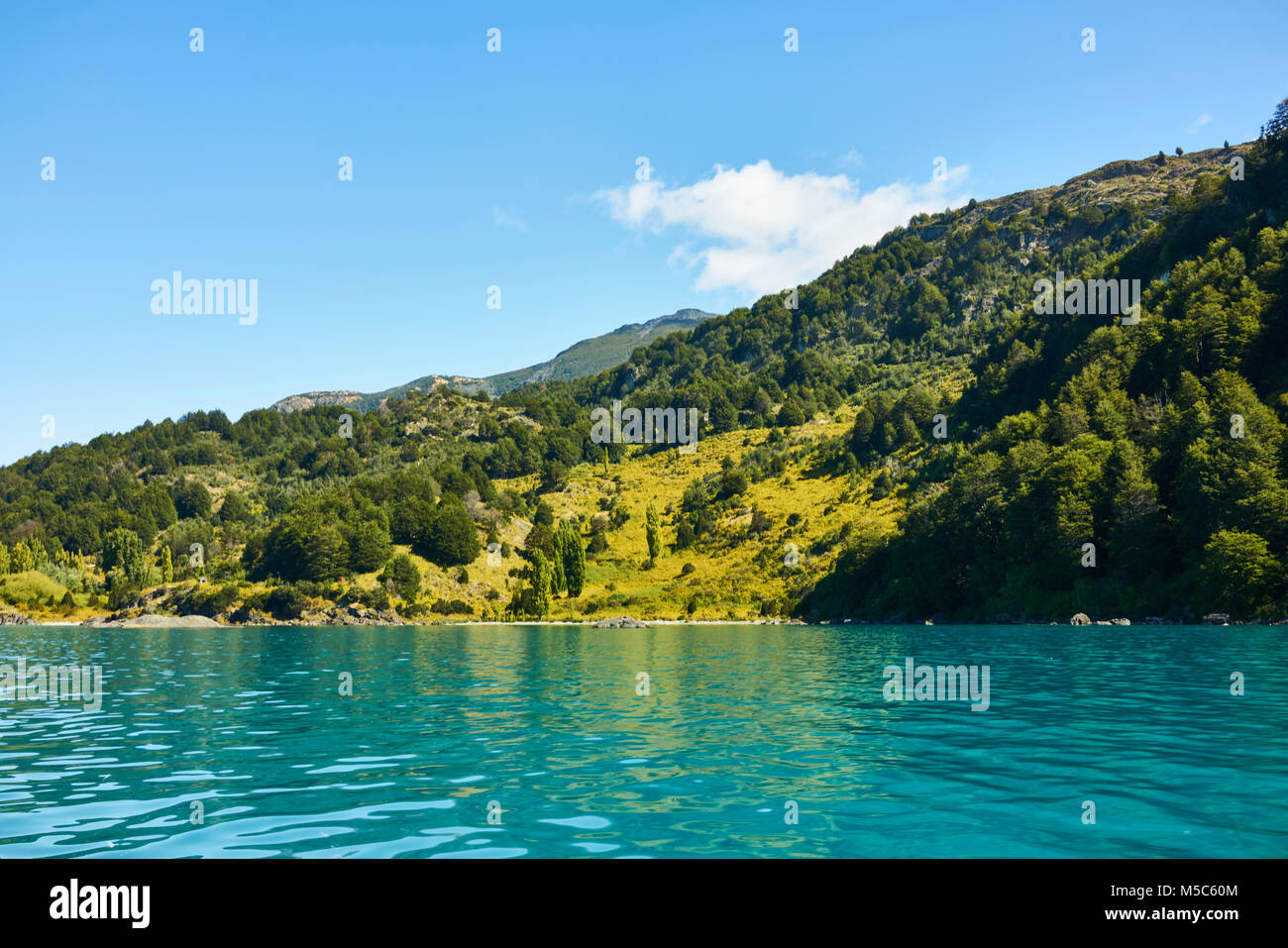 Beautiful turquoise water near the Marble Caves at General Carrera Lake ...