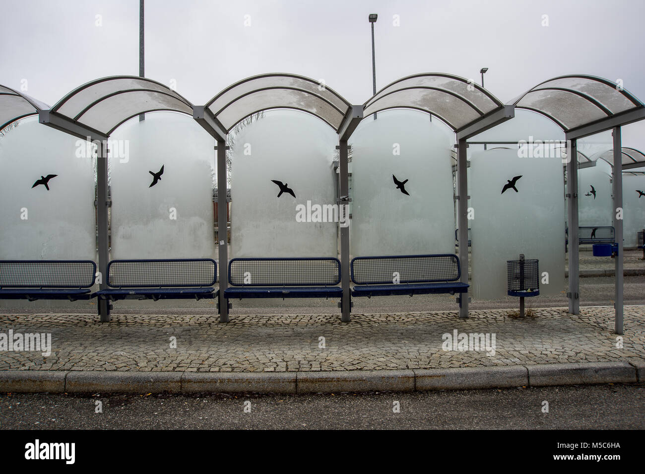Empty bus stop with glass panes frosted from cold weather Stock Photo ...