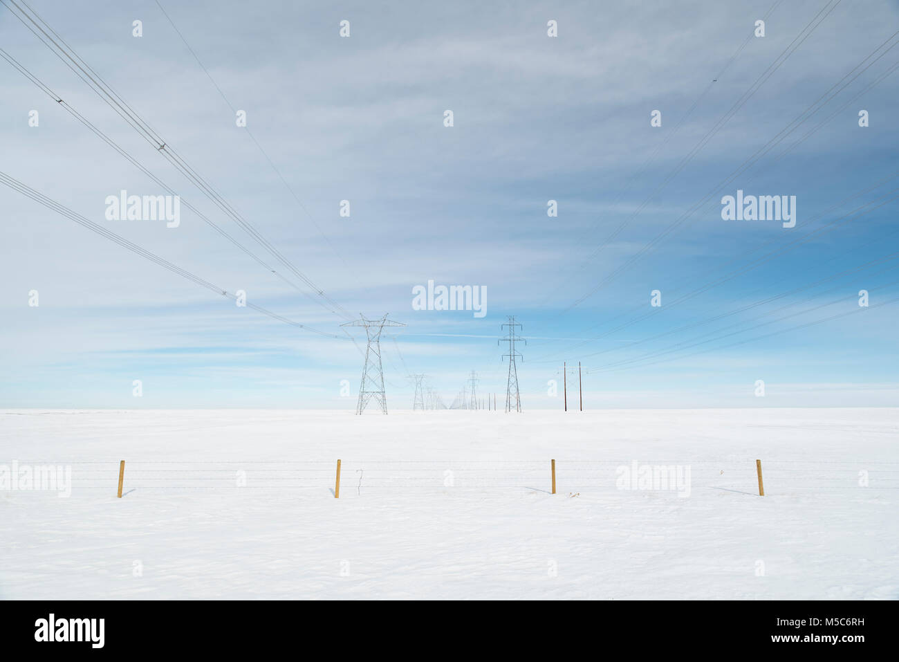 Alberta, Canada. Looking down center of double-row of electricity ...