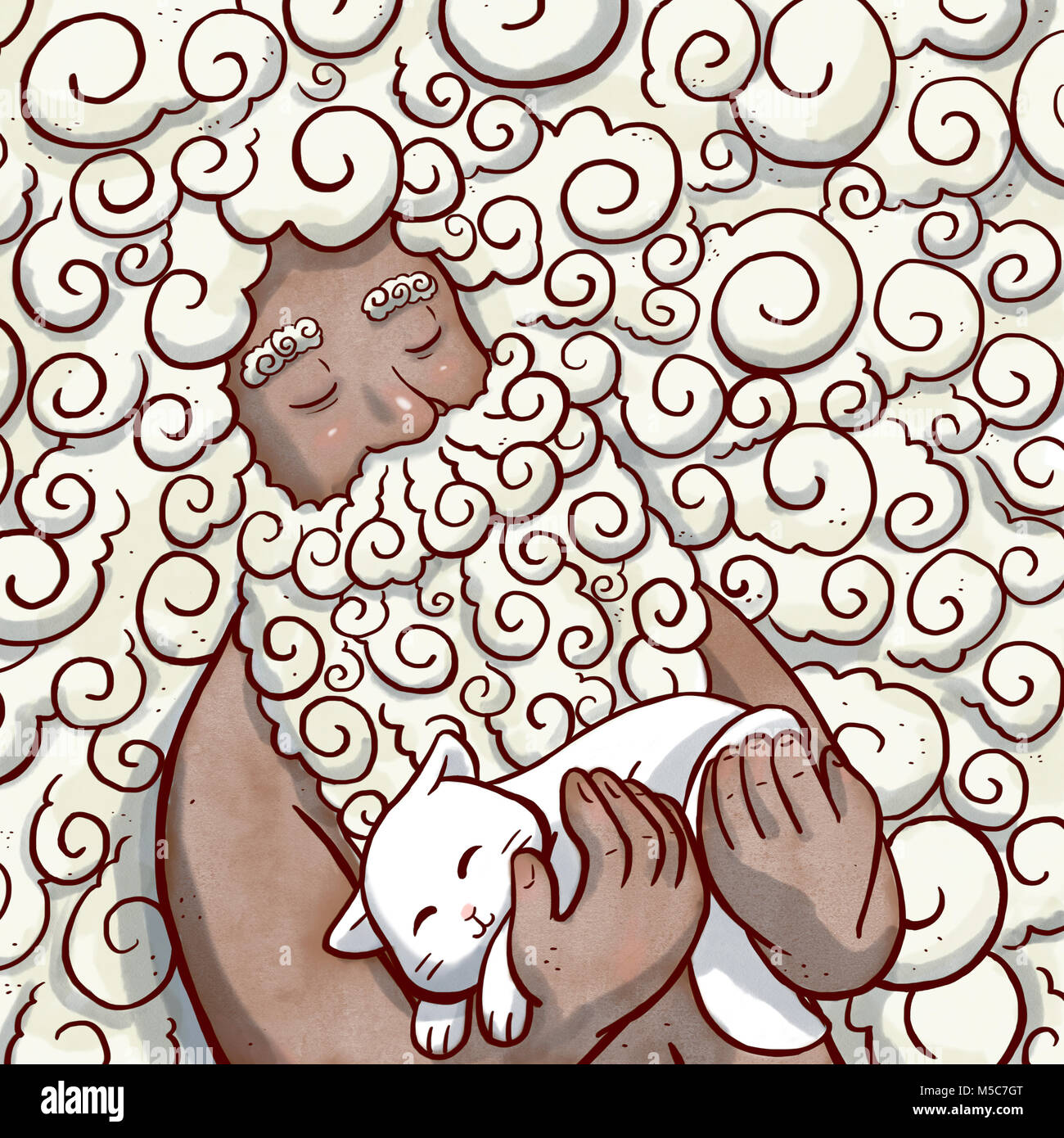 Black man with hair and beard made of cloud holding a white cat ...