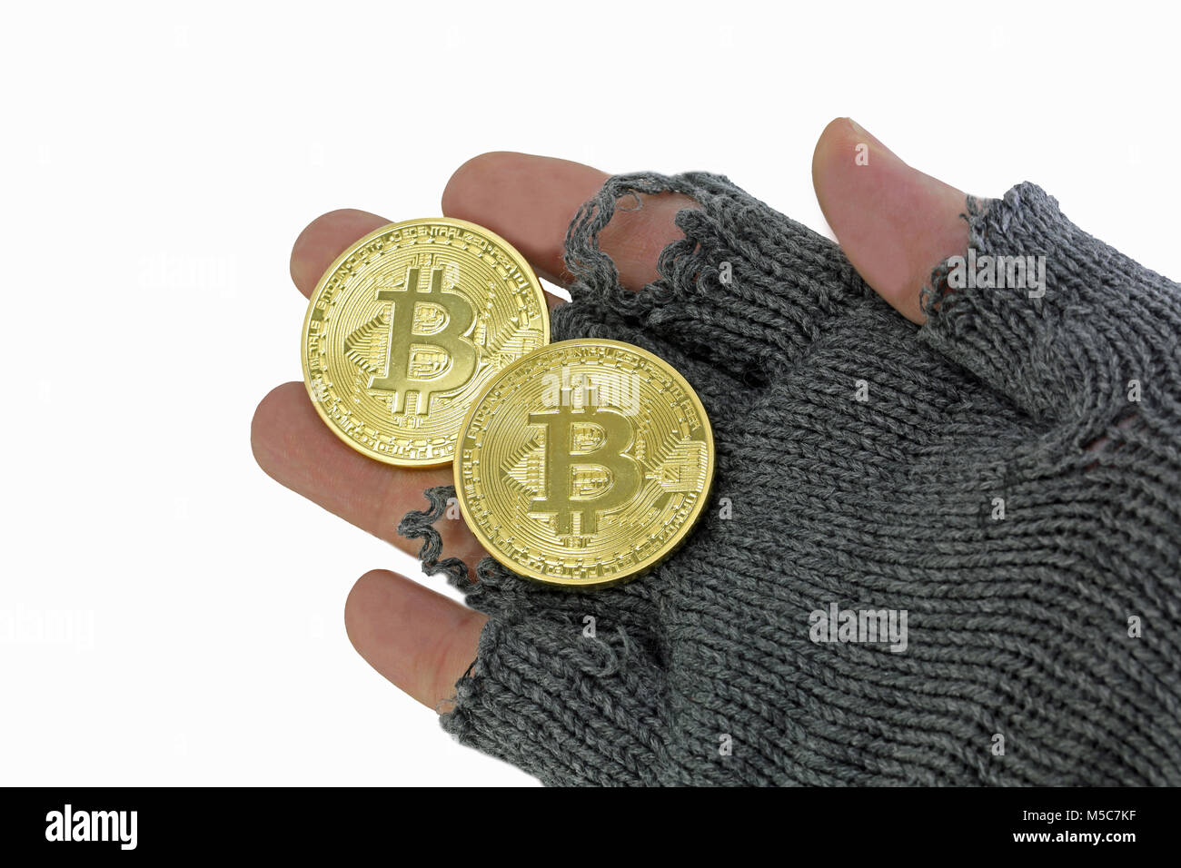 hand of poor man with two golden bitcoin Stock Photo - Alamy
