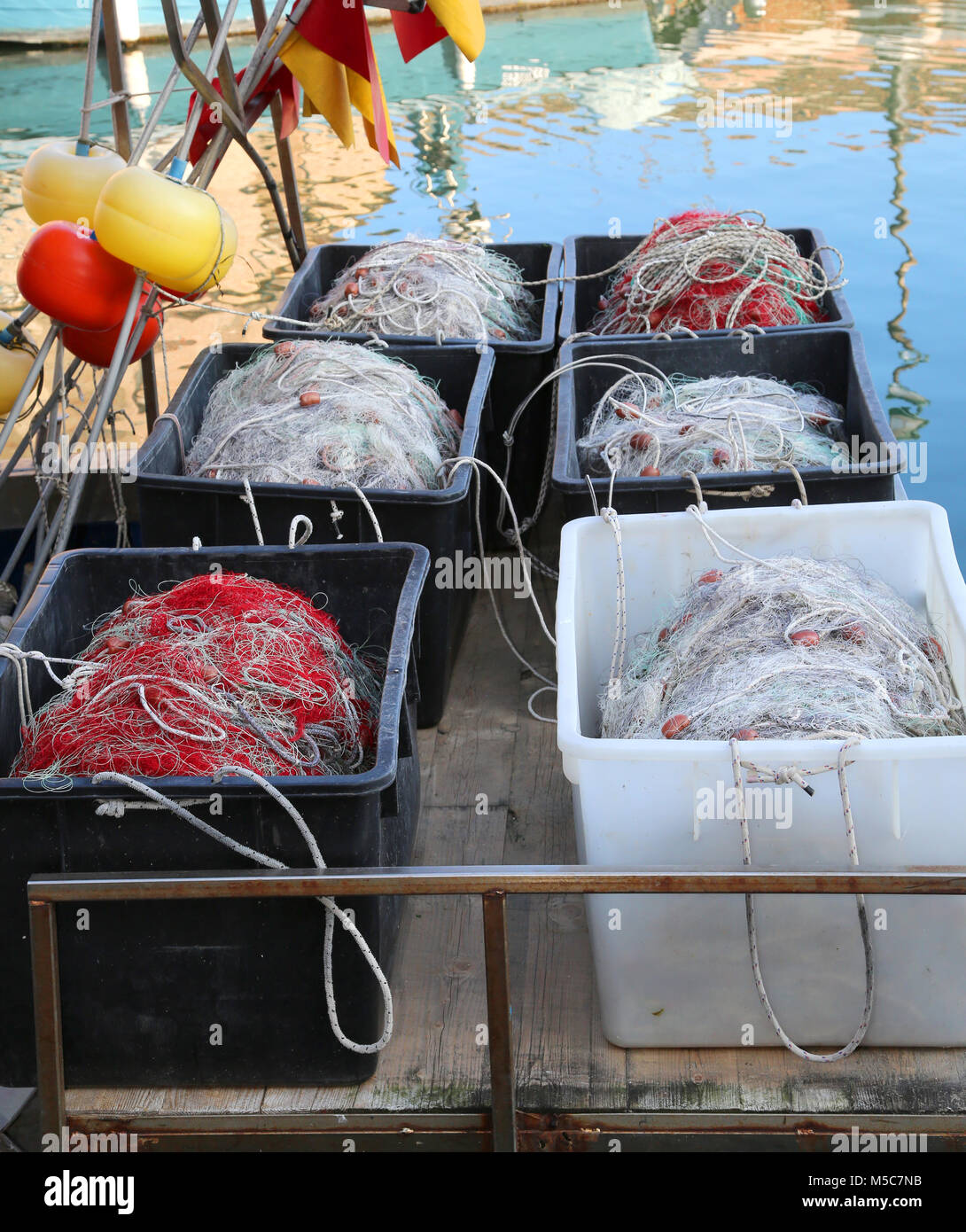 many boxes with fishing nets on the industrial ship Stock Photo - Alamy