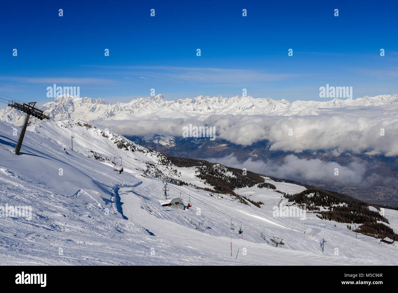 Pila, Aosta, Italy - Feb 19, 2018: Chairlift at Italian ski area of ...