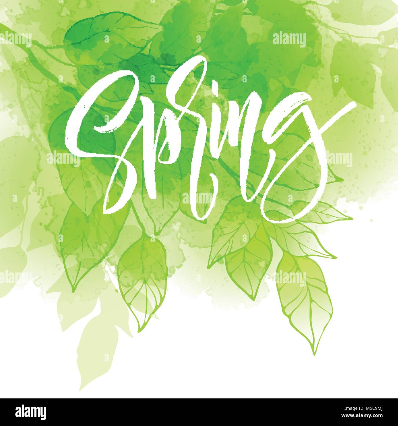 Hand lettering spring design on a green and yellow watercolor painted ...
