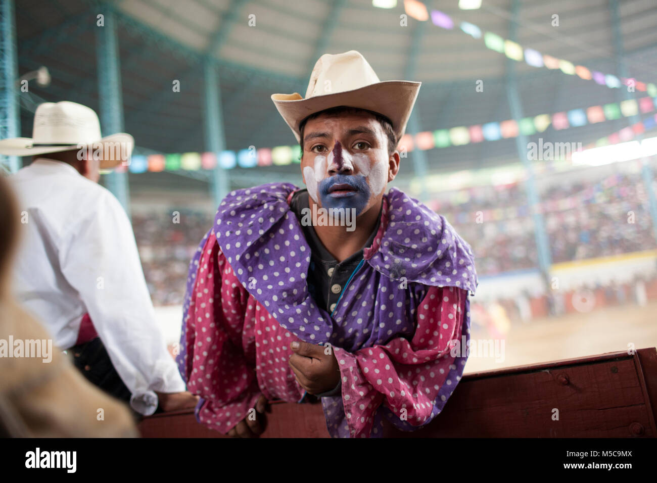 A rodeo clown during the fall fiesta rodeo in Cheran, Michoacan, Mexico ...