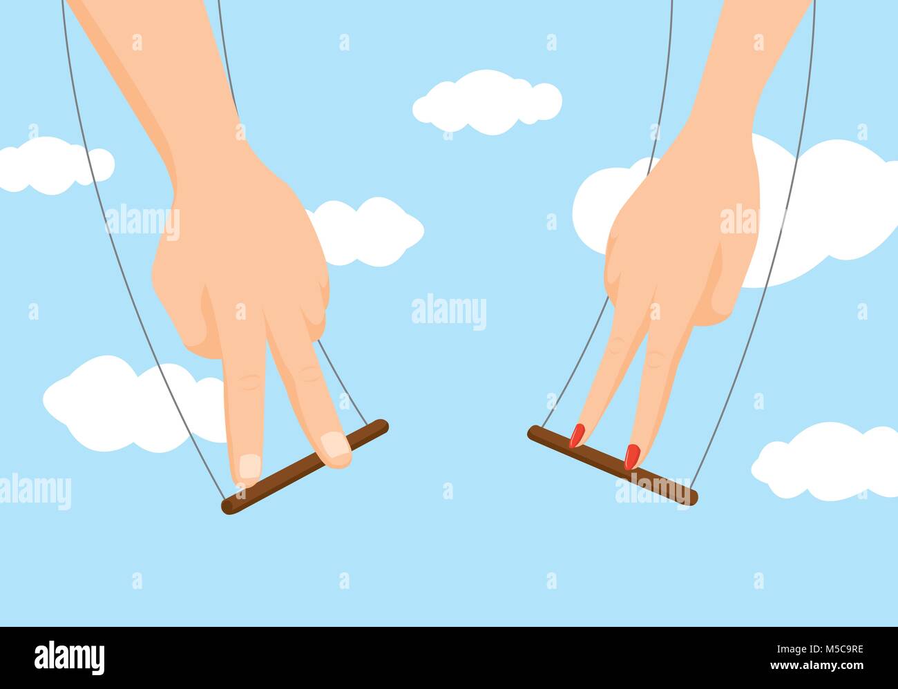 Cartoon illustration of couple hands about to jump on flying trapeze ...