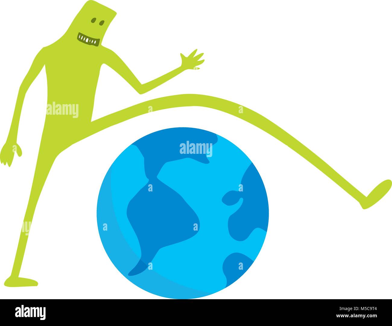 Cartoon illustration of doodle character stretching over earth Stock ...