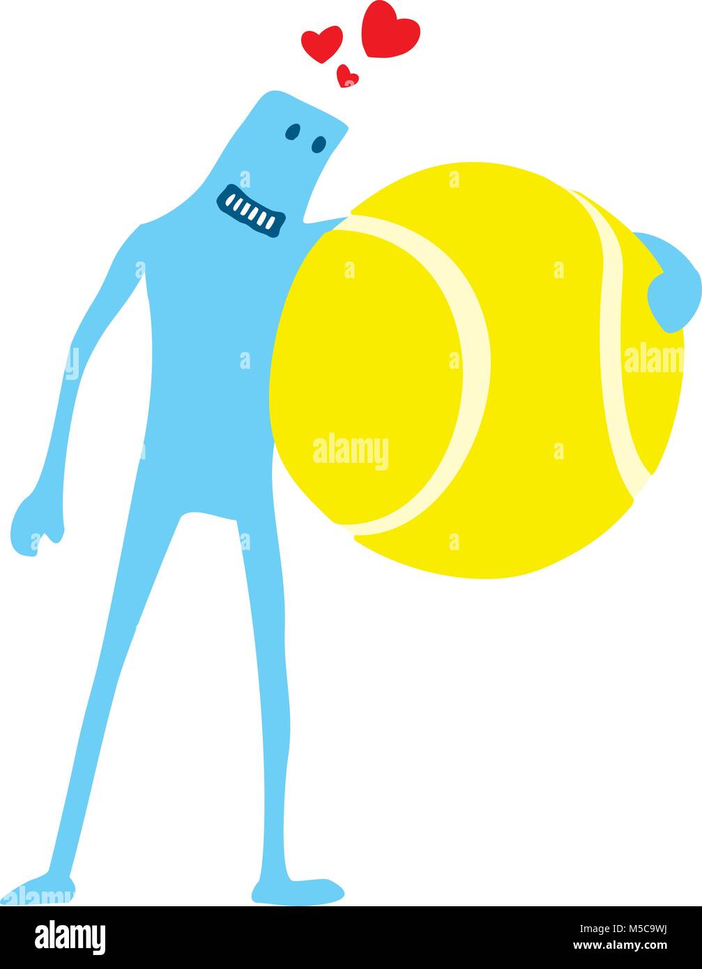 Cartoon illustration of funny doodle character hugging a huge tennis ...