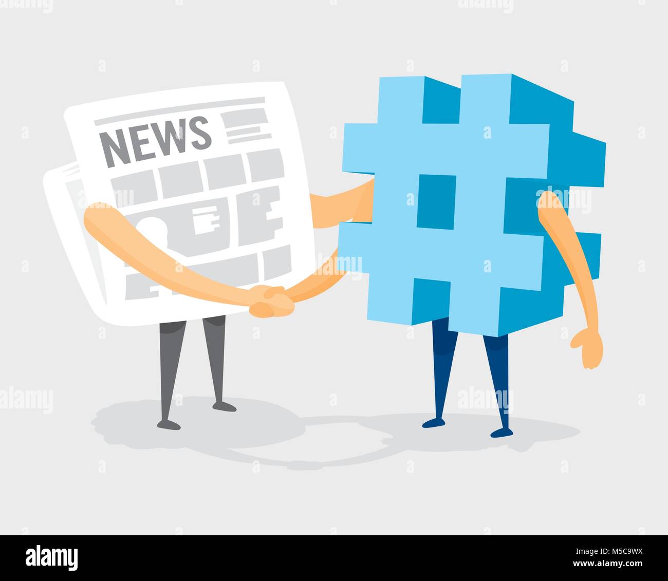 Cartoon illustration of friendly newspaper and hash tag handshake Stock ...