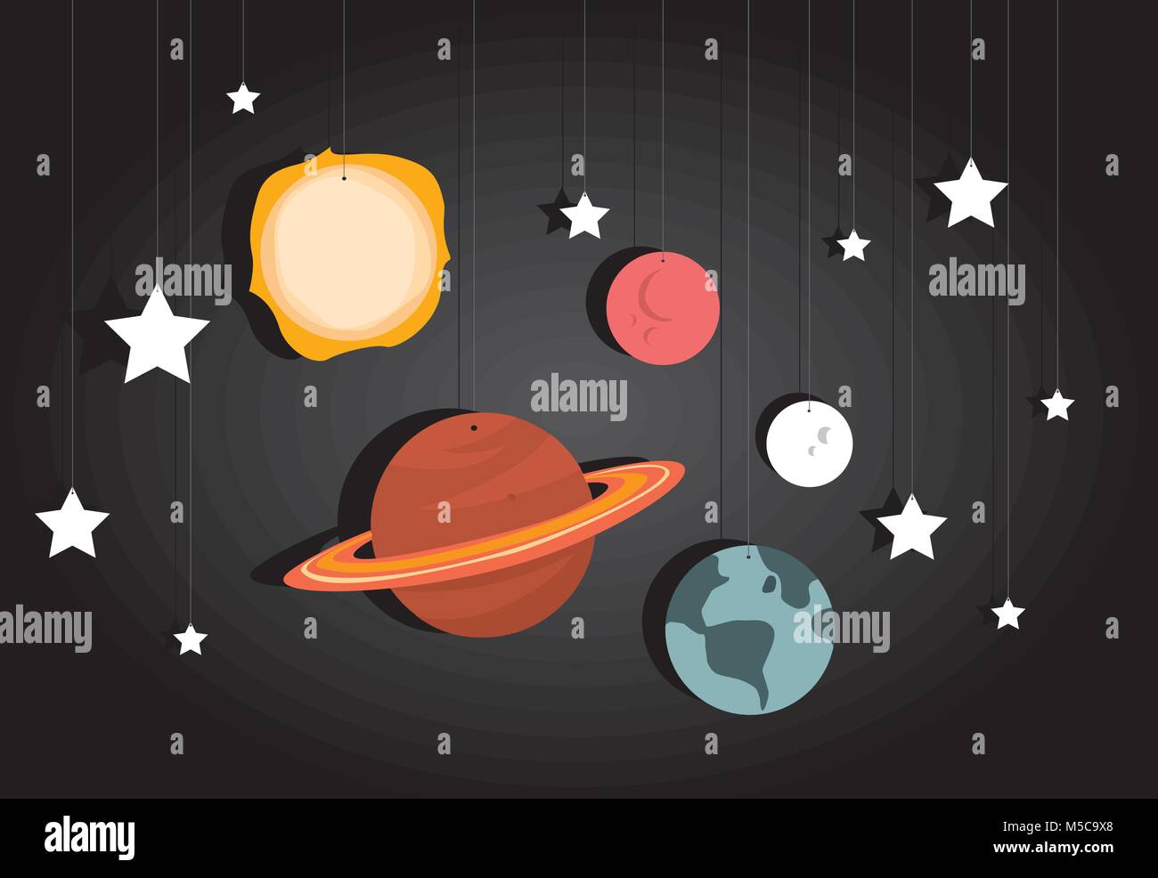 Cartoon illustration of space mobile with hanging planets and stars ...