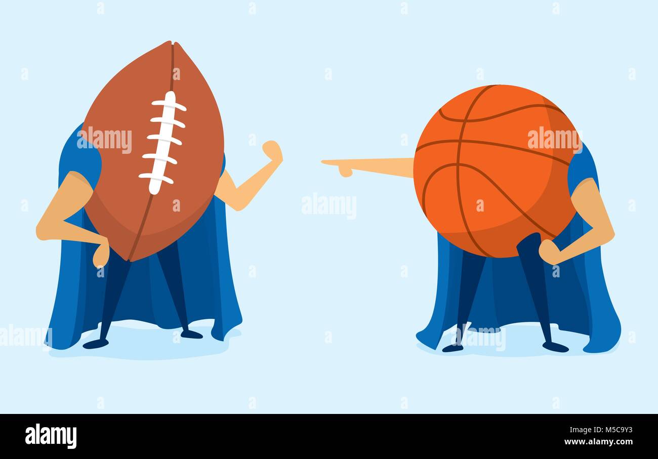 Cartoon illustration of battle between football and basketball Stock ...