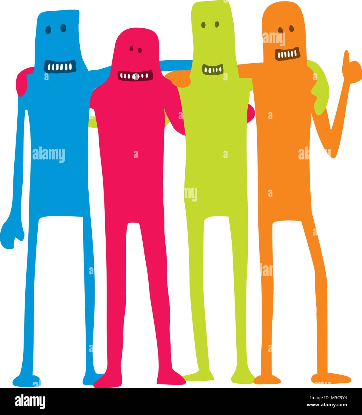 Cartoon illustration of happy gang of colorful friends hugging Stock ...