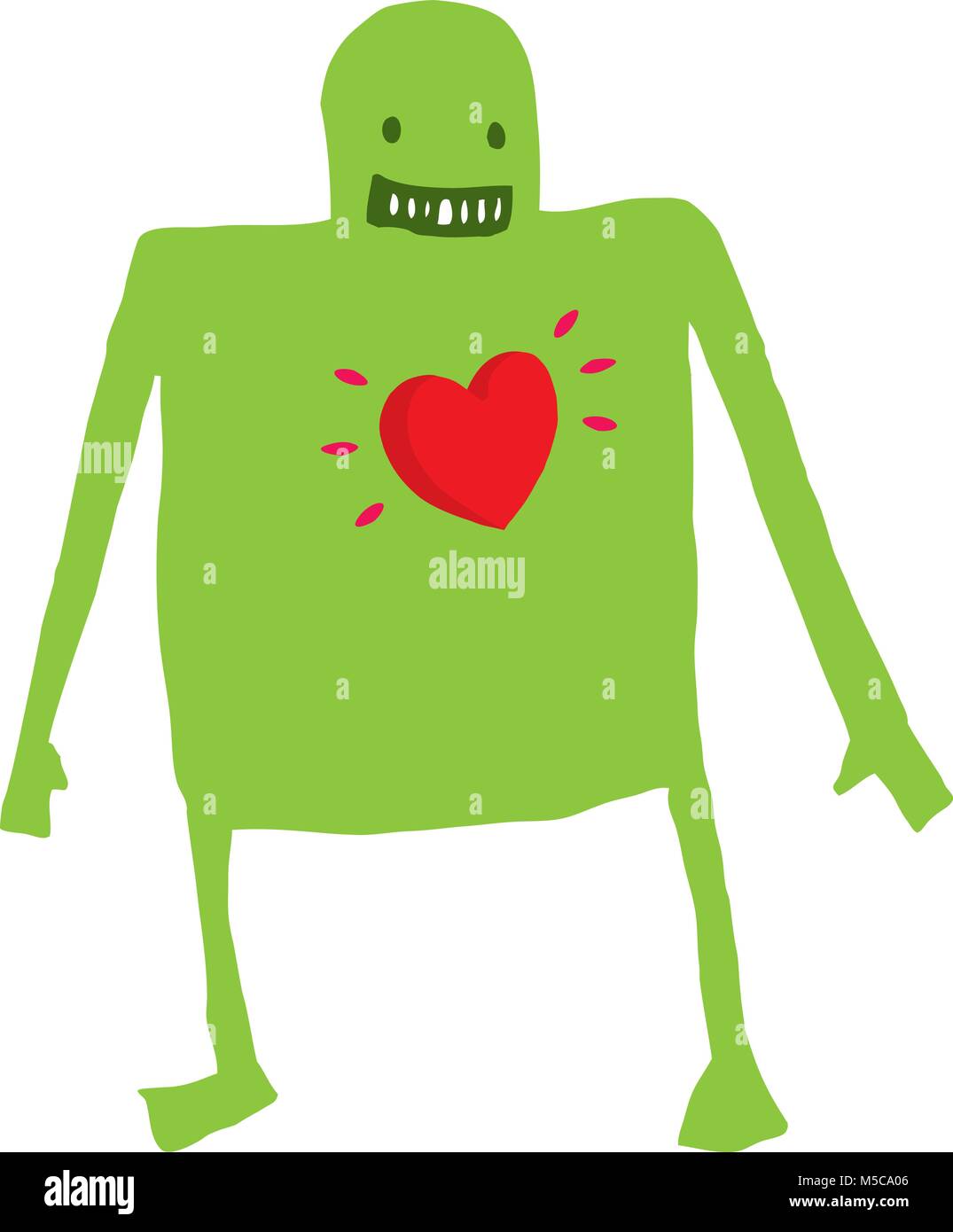 Cartoon illustration of funny green character with happy heart Stock ...