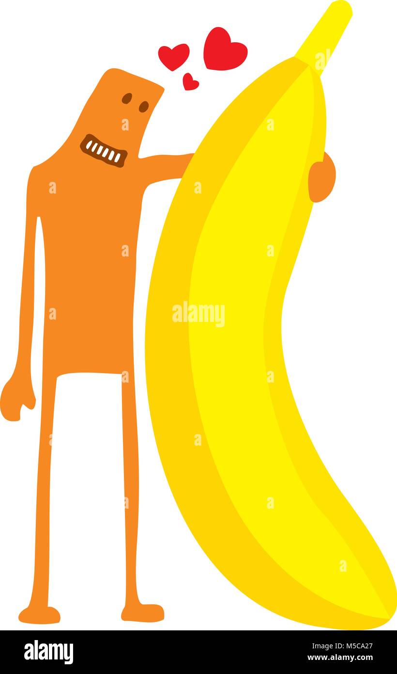 Cartoon illustration of funny character hugging a banana Stock Vector ...