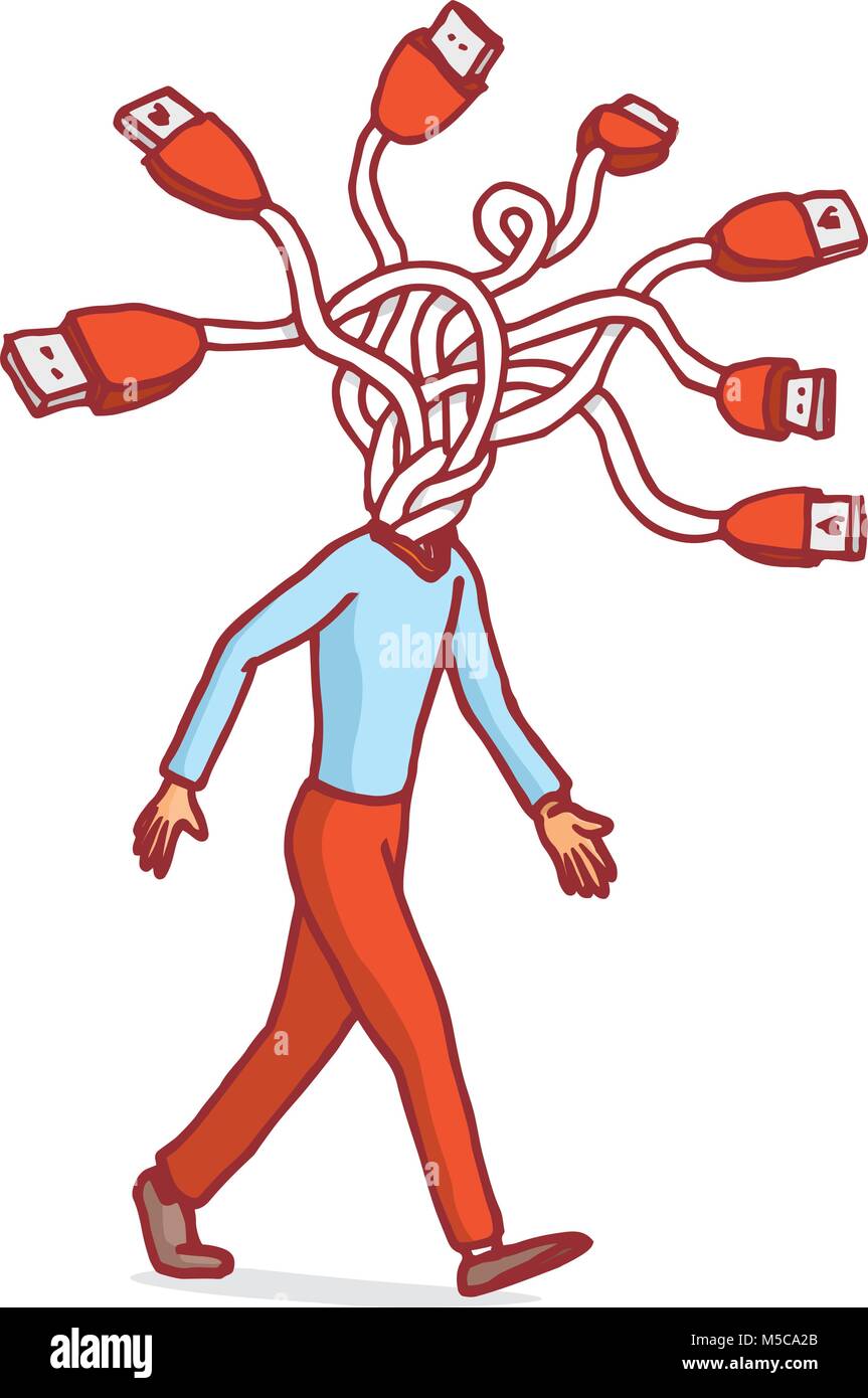 Cartoon illustration of man connecting head or usb network Stock Vector ...