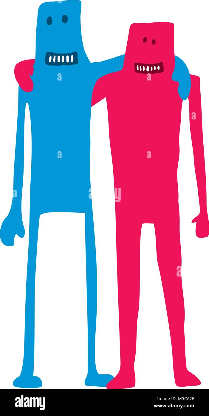 Cartoon illustration of two different colorful friends hugging Stock ...