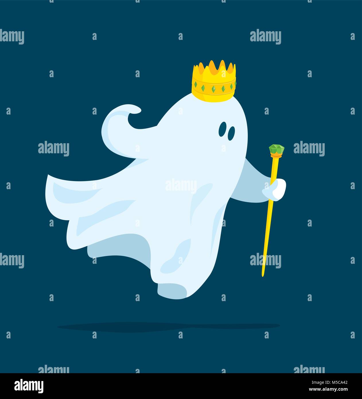 Cartoon illustration of funny king ghost flying with crown and scepter ...