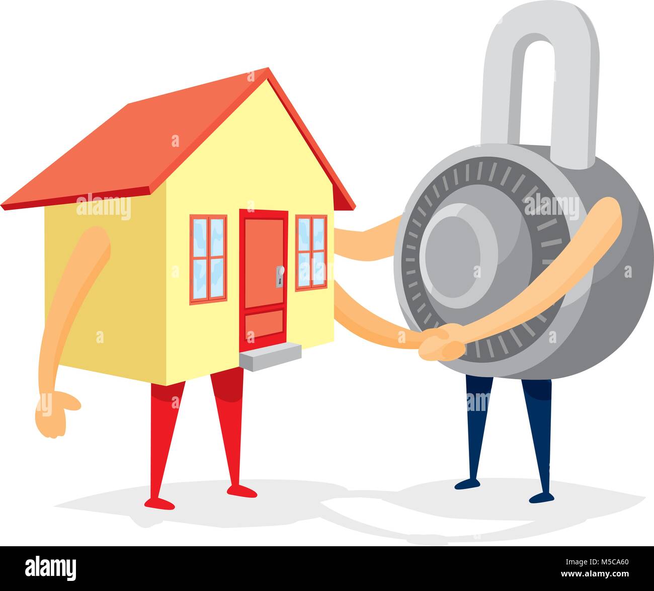 Cartoon illustration of handshake between house and padlock Stock ...