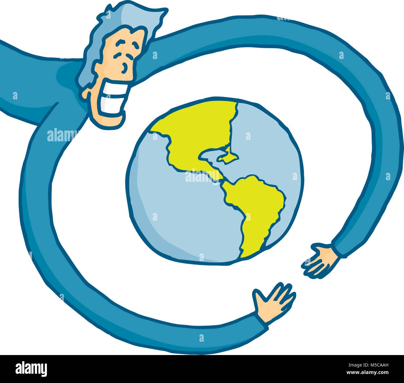 Cartoon illustration of man with long arms around planet earth Stock ...