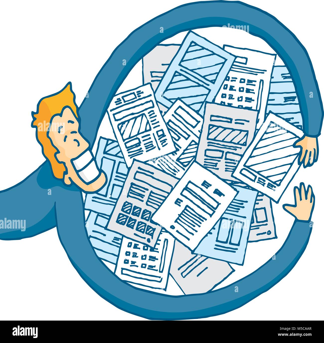 Cartoon illustration of happy man hugging a bunch of papers Stock ...