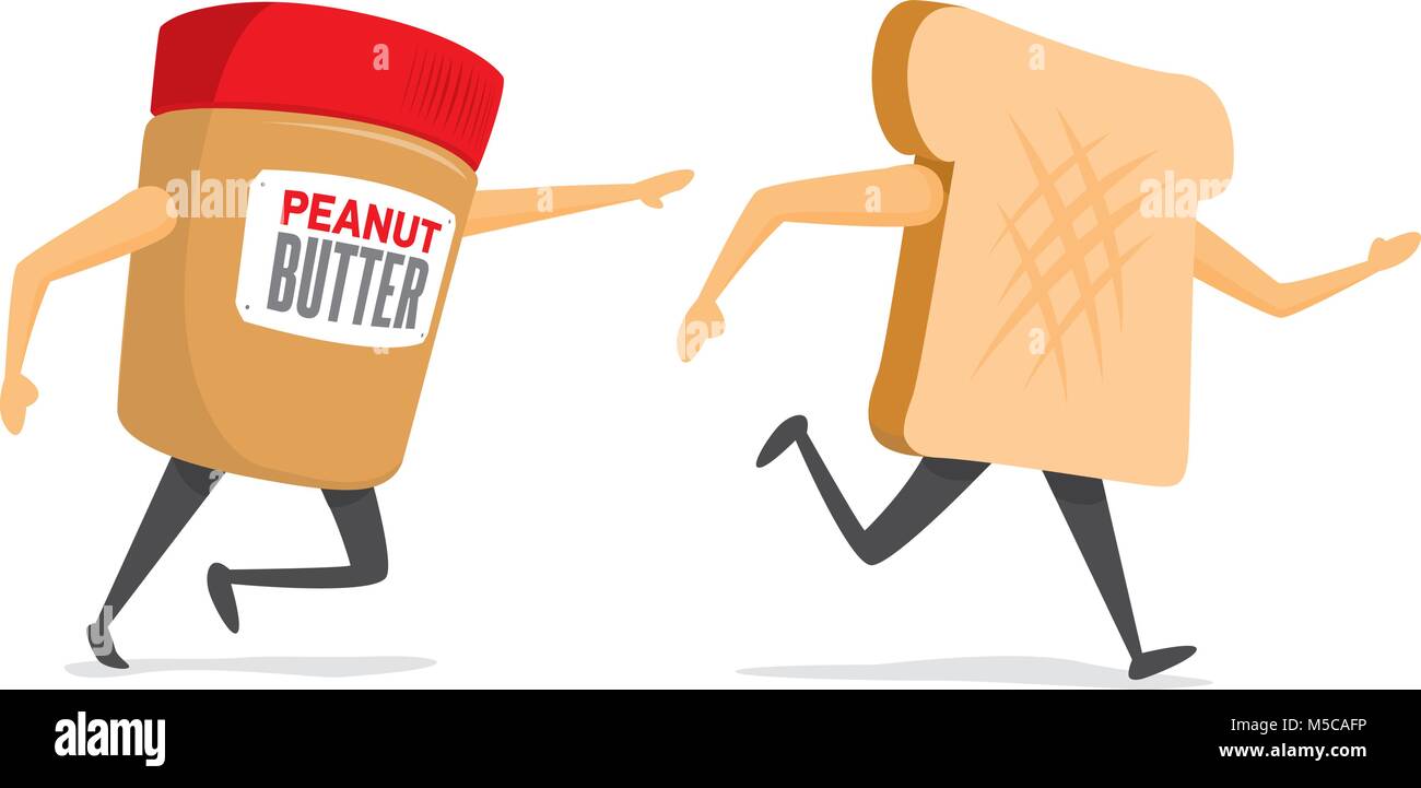 Cartoon illustration of peanut butter jar running after toast Stock ...