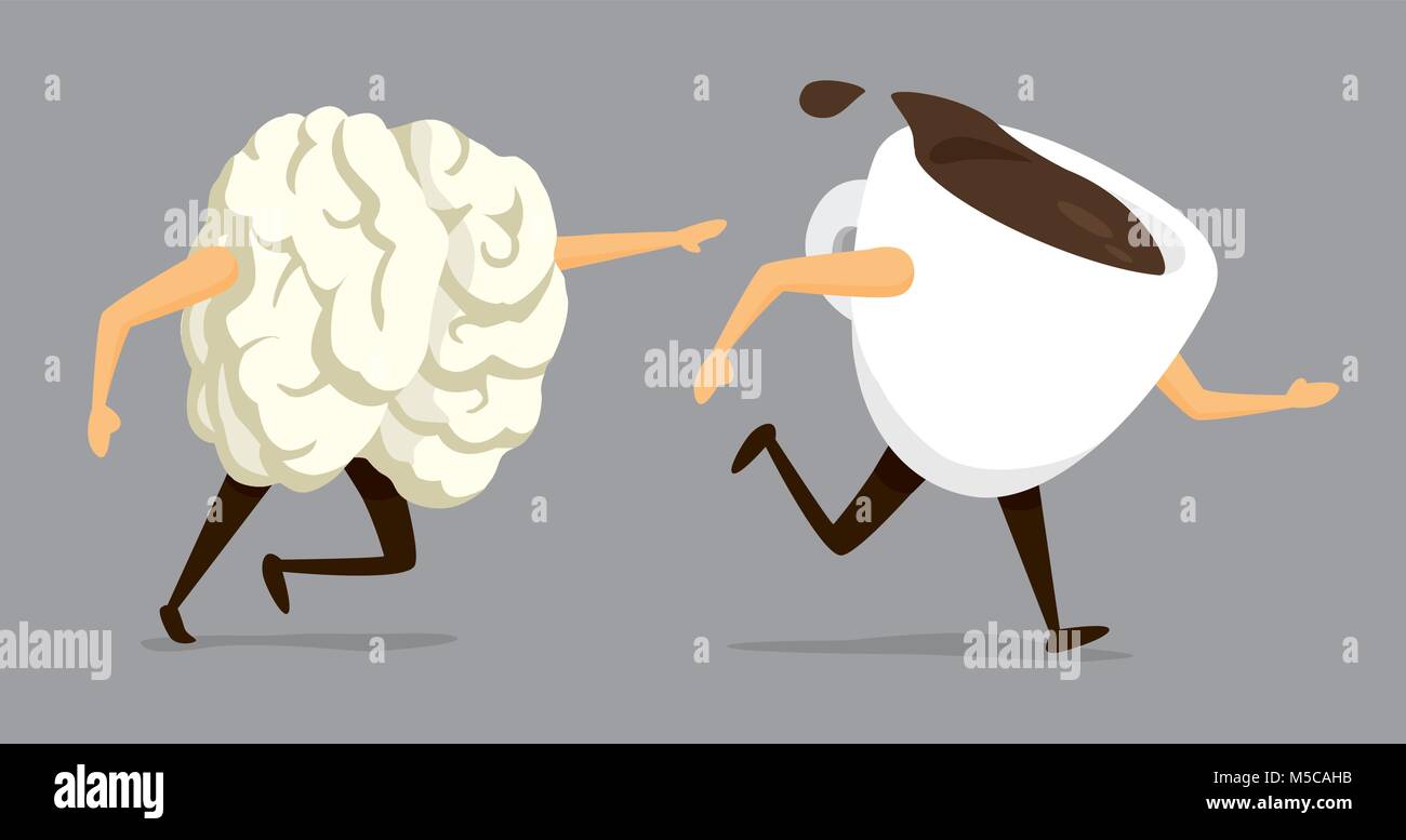 Cartoon illustration of coffeholic brain chasing coffee Stock Vector ...