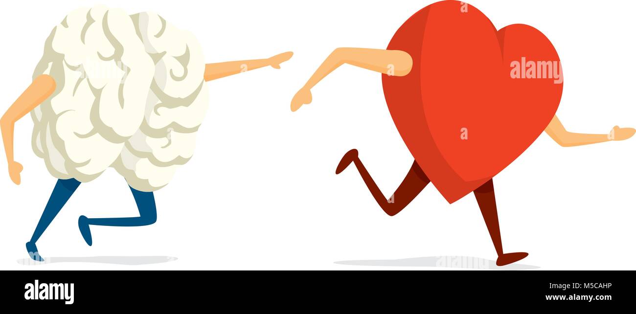 Cartoon illustration of funny chase between brain and heart Stock ...