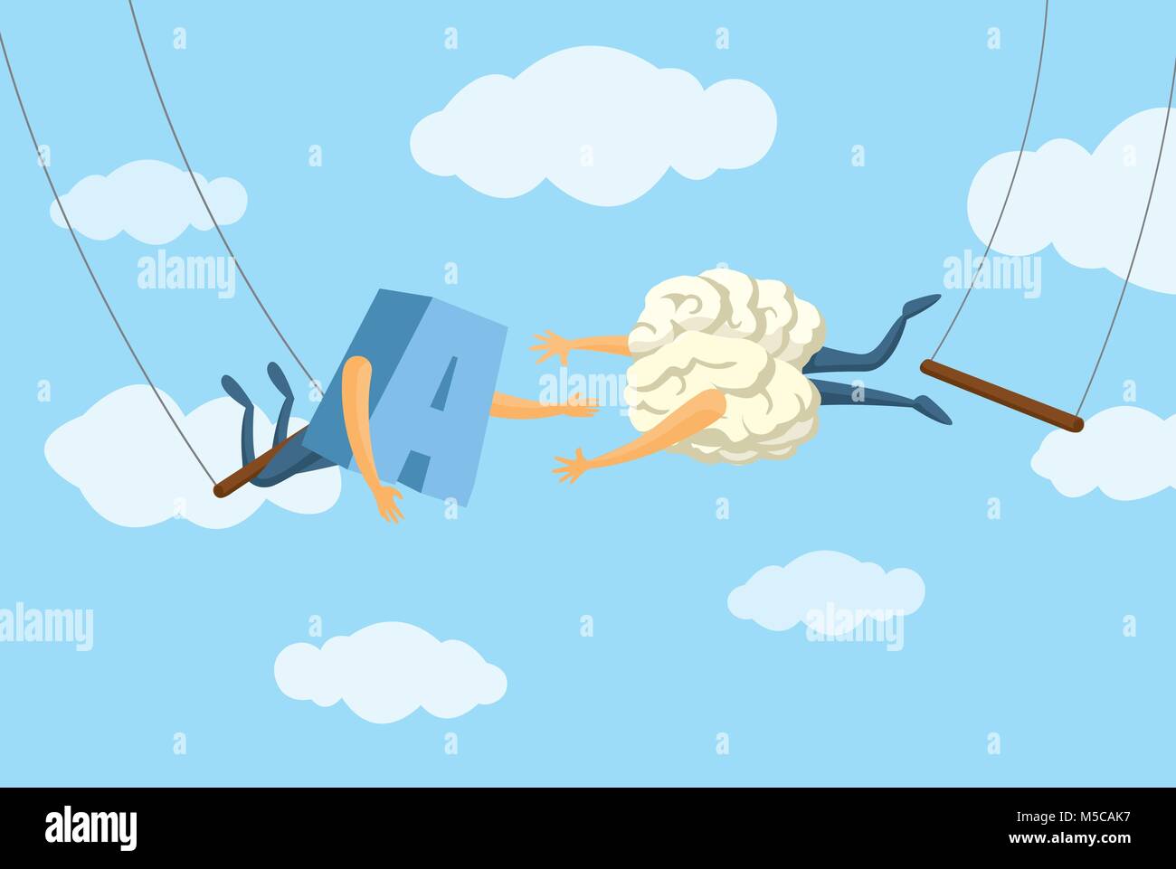 Cartoon illustratrion of daring brain on trapeze jumping into letter ...