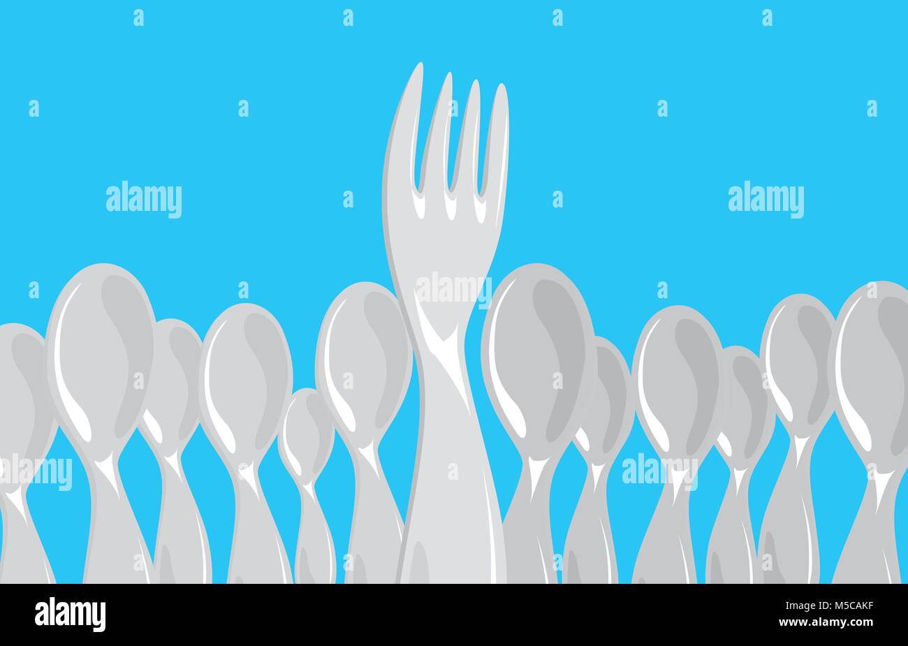 Cartoon illustration of many spoons around an powerful fork Stock ...