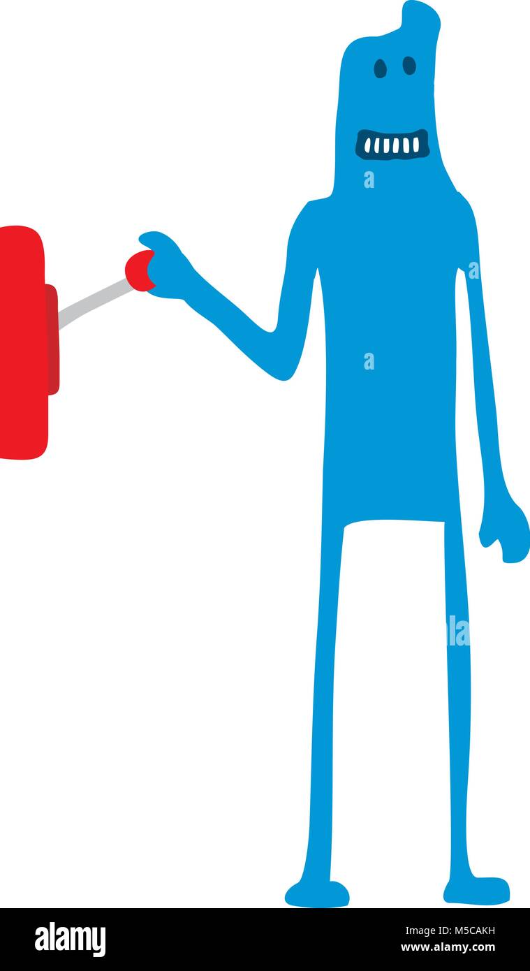 Cartoon illustration of blue doodle character pulling a big lever Stock ...