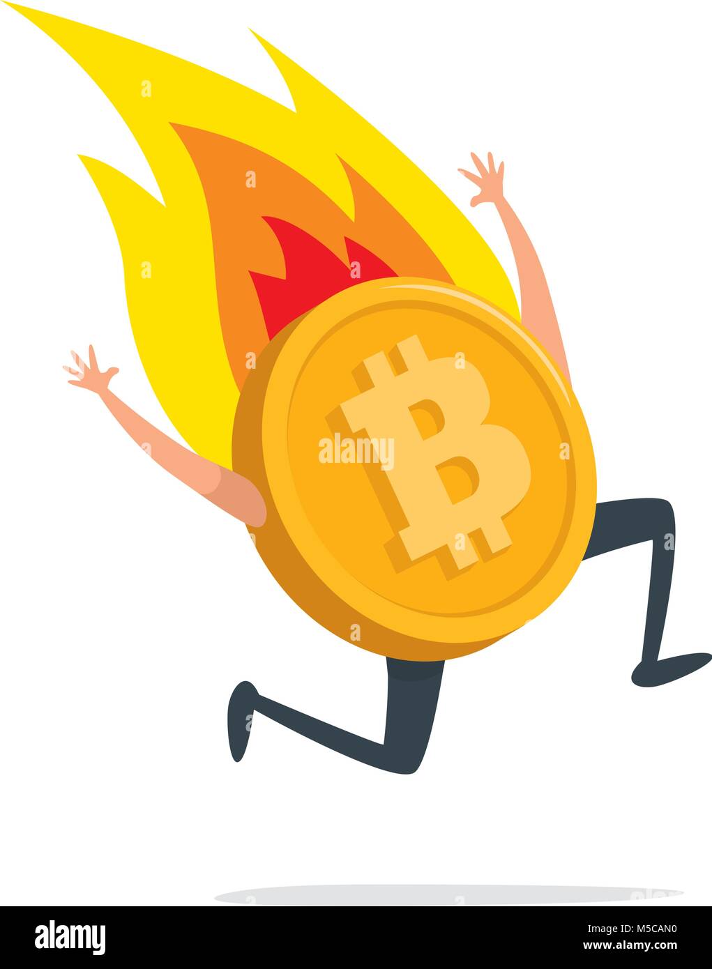 Cartoon illustration of bitcoin currency running on fire Stock Vector ...
